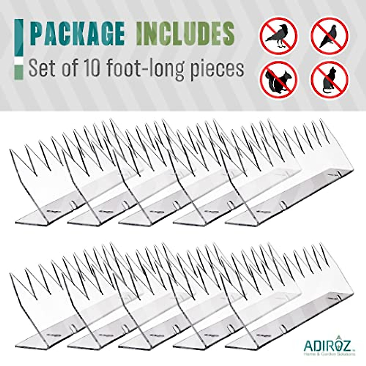 ADIROZ Clear Plastic Bird Spikes for Outdoors – Transparent Acrylic Garden Fence Animal Barrier to Keep Birds Away – Protect Your Home and Patio with a Humane Bird and Squirrel Repellent, 10 Ft.