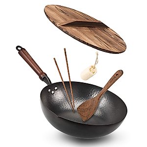 BIELMEIER Wok Pan 12.5", Woks and Stir Fry Pans with lid, Carbon Steel Wok with Cookware Accessories, Wok with Lid Suits for all Stoves(Flat Bottom Wok)