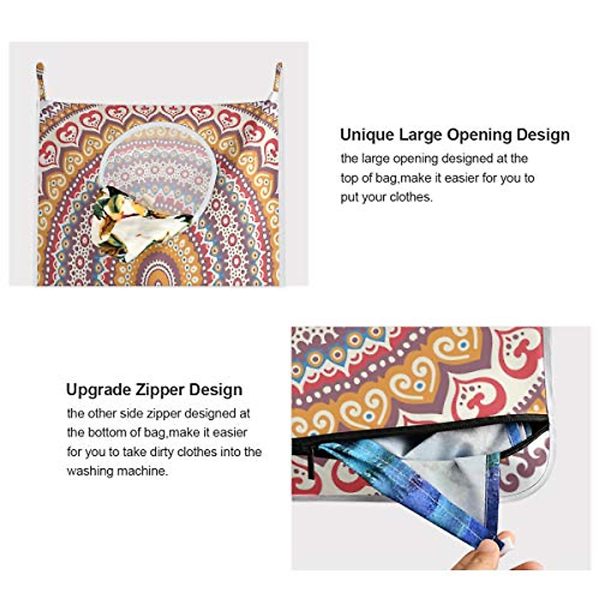 ATTX Colorful Ethnic Pattern Hanging Laundry Hamper Bags Large Door Hampers for Dirty Clothes, Washing Baskets with Hooks 1 Packs