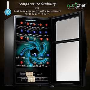 Nutrichef 33 Bottle Wine Fridge | Dual Zone Wine Chiller | Adjustable Temperature 41°F to 64°F | Ultra Quiet Operation | Wine Cooler For Home, & Office | Free Standing 33x19x17 IN | Black
