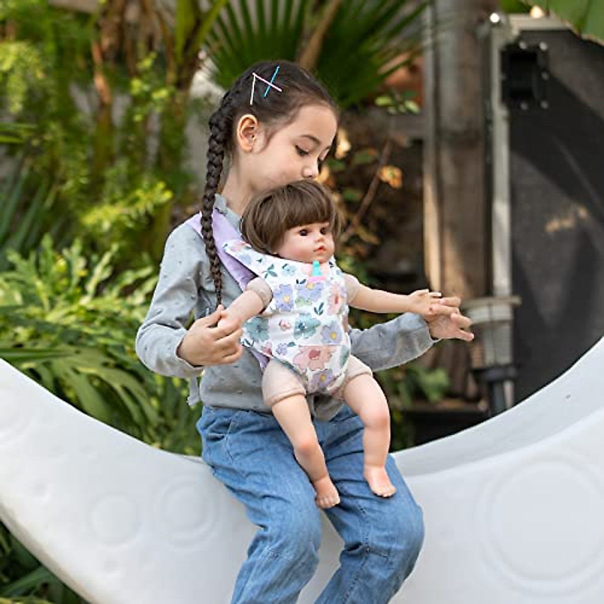 GAGAKU Baby Doll Carrier for Kids Stuffed Animal Carrier Reborn Baby Carrier with Adjustable Straps for American Girl Doll Bitty Baby Doll Accessories - Purple (Flowers)