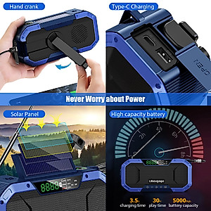 Emergency Radio Waterproof Camping Radio,Portable Digital AM FM Radio with Flashlight,Reading Lamp,Hand Crank WB NOAA Weather Radio with Solar Panel,5000mAH Cell Phone Charger,Outdoor Survival Gadget