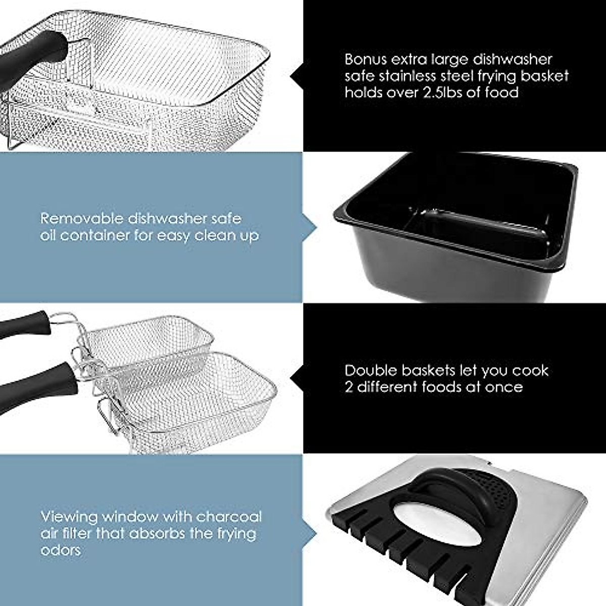 Elite Gourmet EDF-401T Electric Immersion Deep Fryer 3-Baskets, 1700-Watt, Timer Control, Adjustable Temperature, Lid with Viewing Window and Odor Free Filter, Stainless Steel and Black