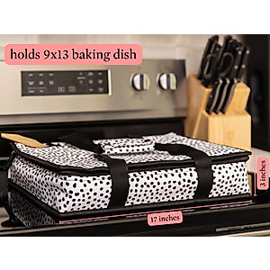 Steel Mill & Co Casserole Carrier for Hot or Cold Food, Fits 9”x13” Glass Baking Dish with Lid, Insulated Food Carrier for Picnics, Cookouts, and Potlucks, Black Dots