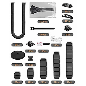 Cord Management Organizer Kit 6 Cable Sleeve Split with,50 Self Adhesive Cable Clips Holder,100 Fastening Cable Ties,10 Adhesive Cable Clips ,2 Roll Self Adhesive tie for TV Office Desk Car Desk Home