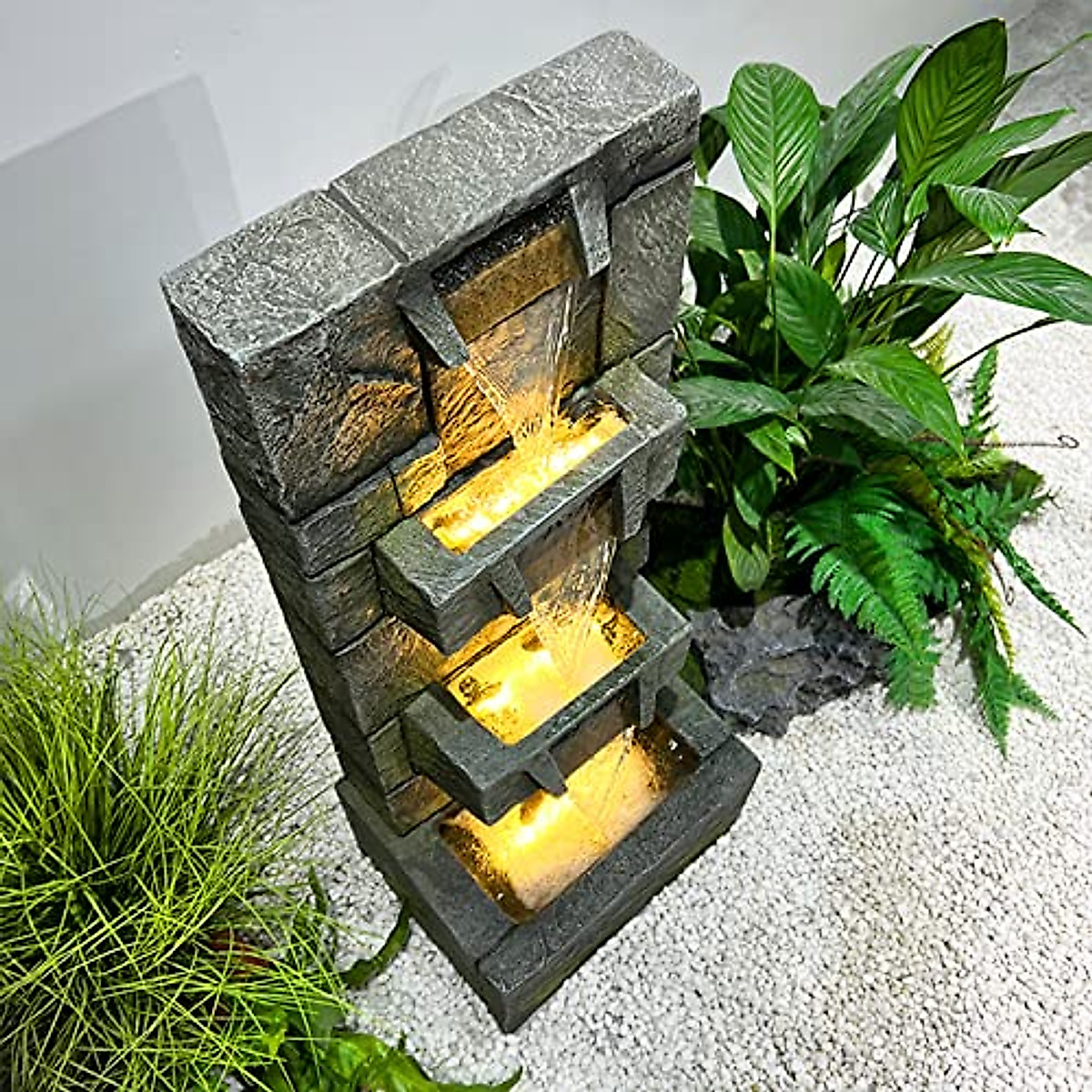 SERBILHOME 32.28”Water Fountain Outdoor Modern Floor-Standing Fountain Indoor with LED Lights and Pump Waterfall Fountain for Garden, House, Office, Garden, Patio and Home Art Decor