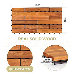 HOUSE84VN Solid Acacia Wood Interlocking Deck Tiles (Pack of 6, 24" x 12"), Indoor/Outdoor Deck Flooring, Waterproof All Weather (24X12, Natural Color)