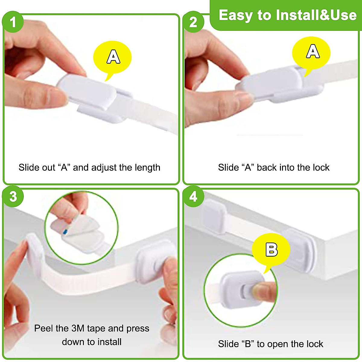 Baby Proofing Cabinets Childproof Drawer Latches with Extra 3M Adhesives, Adjustable Strap Latches Baby Cabinet Lock For Cabinets, Drawers Cabinet Locks for Babies (6)