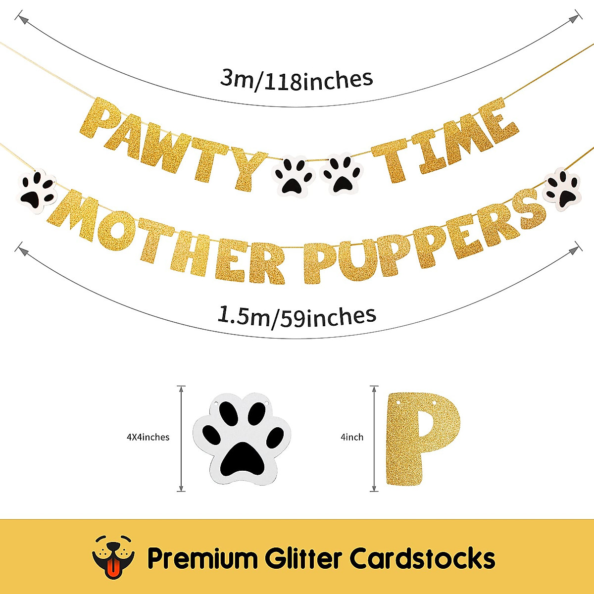 Pre-Strung Let's Pawty Dog Birthday Party Supplies, Pawty Time Mother Puppers,Funny Gold Glitter Puppy Dog Birthday Banner For Party Decorations Girl Boy, Cute Puppy Pets Paw Pennant Sign Deco