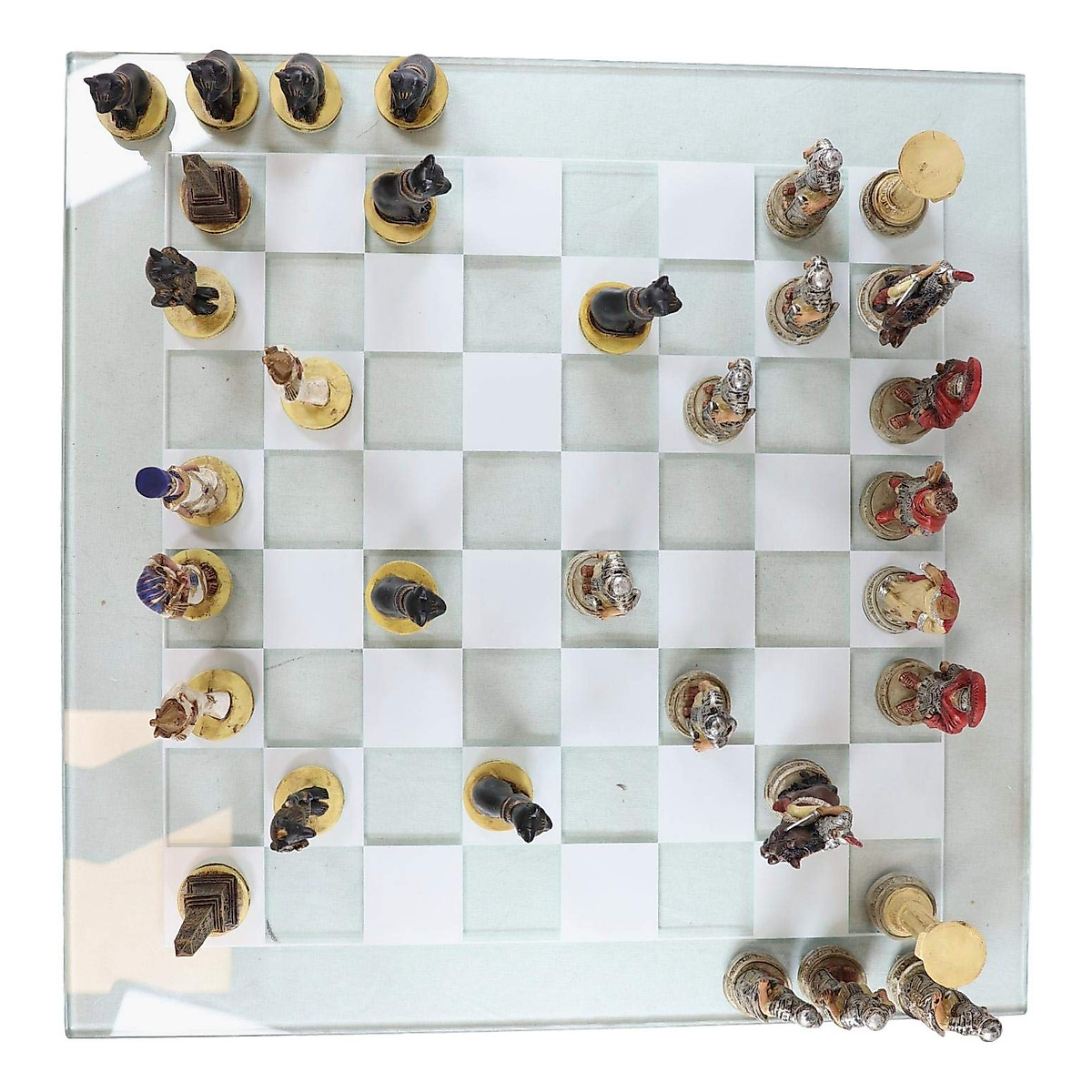 Ebros Gift Historical Themed Chess Set Egyptian Ptolemaic Pharaoh Army VS Augustus Caesar Roman Empire Centurions Resin Sculpted Chess Pieces with Checker Frosted Glass Board Gaming Set
