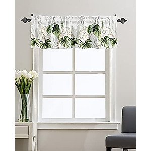 Curtain Valance for Windows Summer Tropical Monstera Leaves Kitchen Valances Rod Pocket Short Curtains,Green Plants Foliage Gold Powder on White Window Treatment Panel for Living Room 42x12in