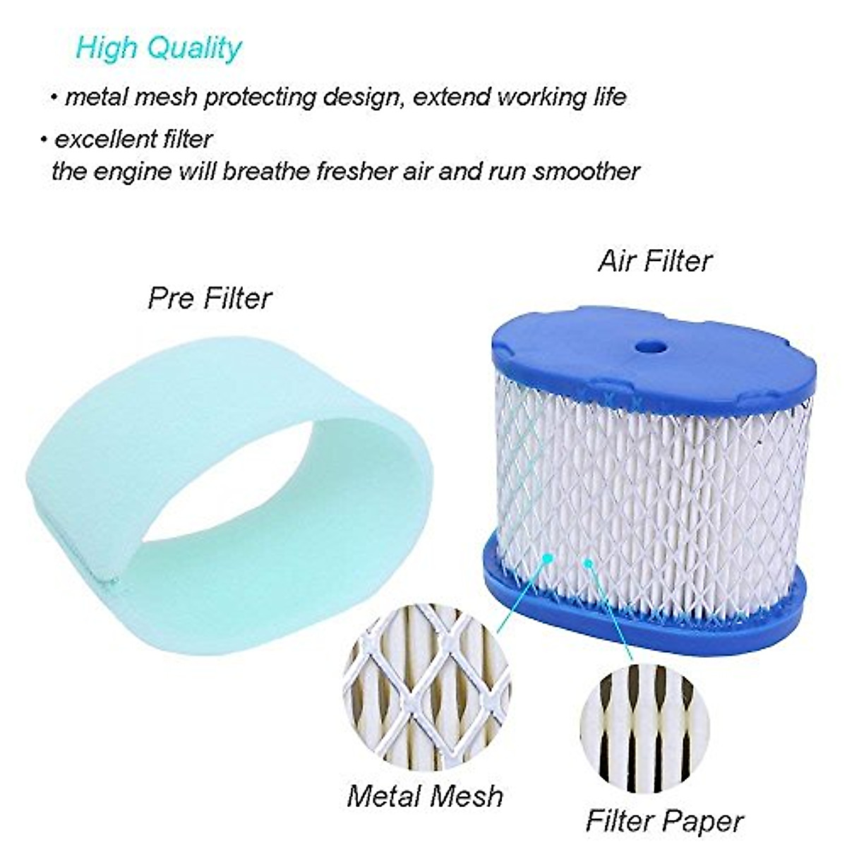 HEYZLASS 2Pack 697029 Oval Air Filter, Compatible with Briggs Stratton 4207 5059 498596S OEM Air Cleaner, Lawn Mower Extend Life Series Air Filter and More, Plus 273356S Pre Filter