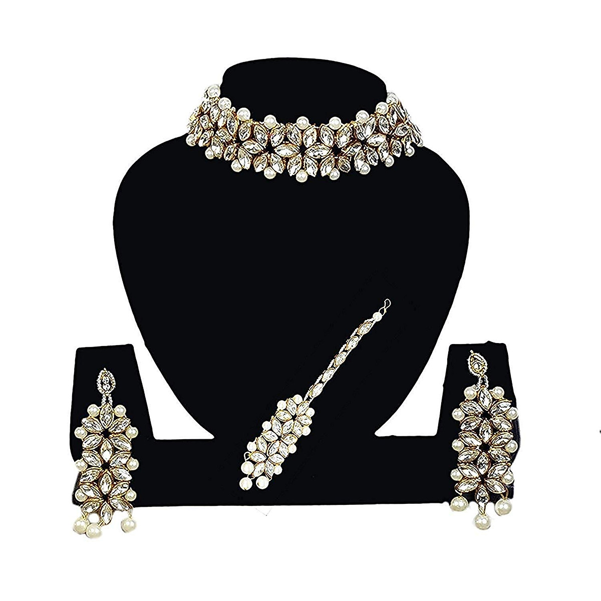 Aheli Wedding Party Wear Bridal Jewellery Choker Long Pearl Necklace Earrings Maang Tikka Indian Traditional Set for Women White