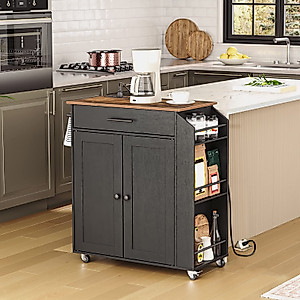 HOOBRO Kitchen Island with Power Outlet, Kitchen Storage Island with Spice Rack and Drawer, Rolling Kitchen Cart on Wheels, for Home, Kitchen and Dining Room, Rustic Brown and Black