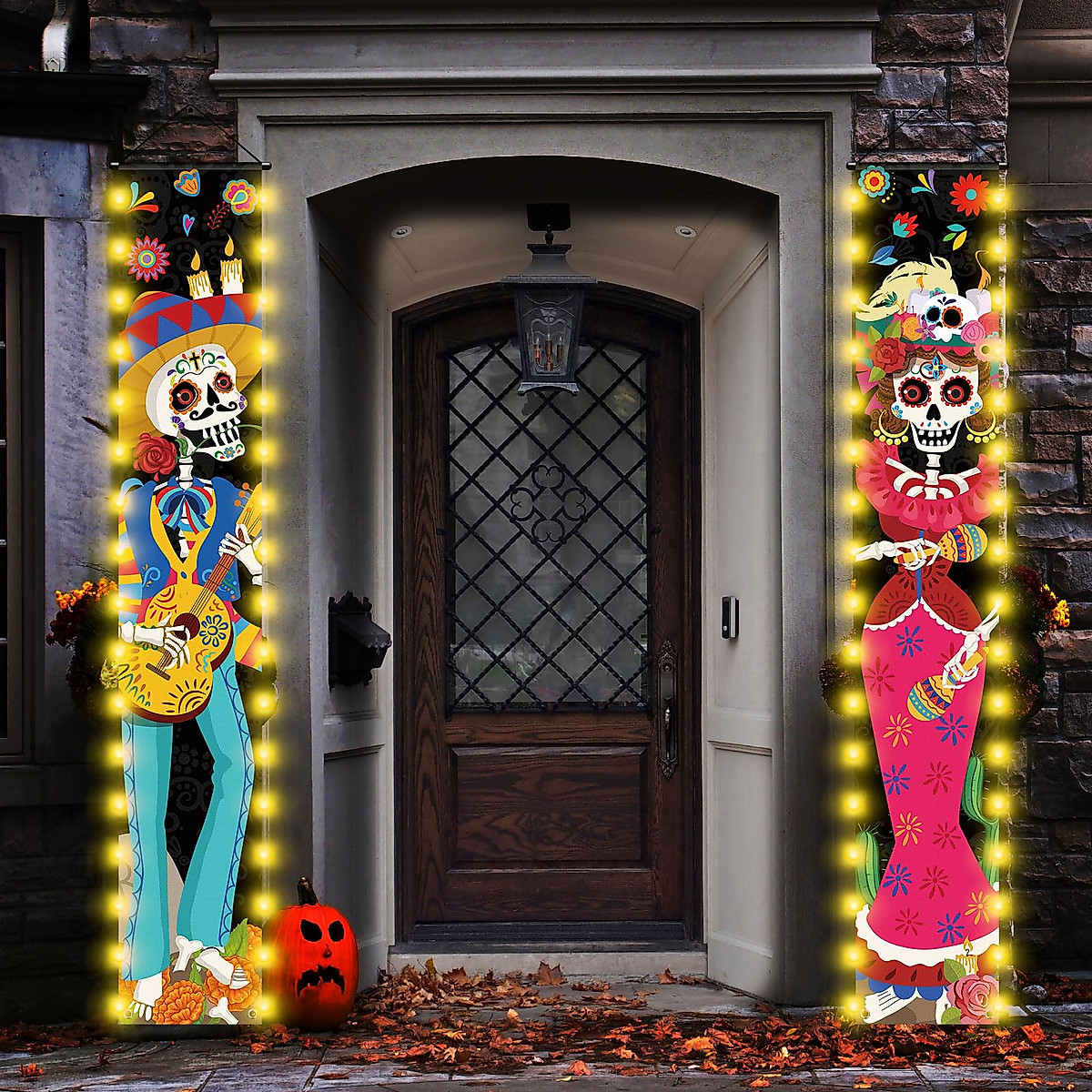 Tiamon 3 Pcs Day of The Dead Porch Sign with LED Lights, Mexican Dia De Los Muertos Party Door Decorations, Day of The Dead Sugar Skull Door Banner for Halloween Fiesta Party, 11.8 x 70.9 Inches