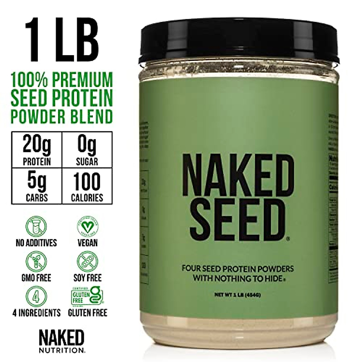 Naked Seed – 4 Seed Protein Powder, Only 4 Ingredients - Chia, Watermelon, Sunflower and Pumpkin Seed Protein – Gluten-Free, Soy Free, Vegan, No GMOs, No Artificial Sweeteners – 15 Servings