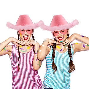 Rcanedny 8 Pack Cowboy Hats Feather Western Cowgirl Hats with Adjustable Neck Draw String for Women Adults Birthday Halloween Cowboy Party Pack (Pink)