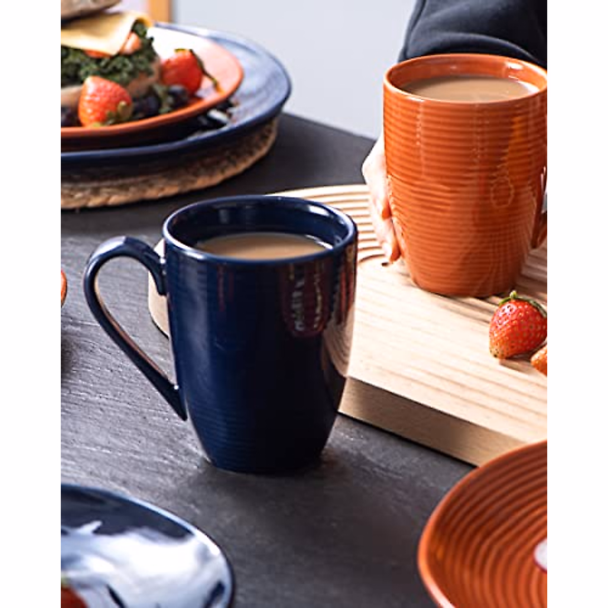 HENXFEN LEAD Coffee Mugs Set of 4-12 Oz Ceramic Coffee Cup with Large Handle for Tea, Milk, Latte and Cocoa, Christmas Mug Gift with Texture Design for Men & Women Microwave Safe, Dark Blue