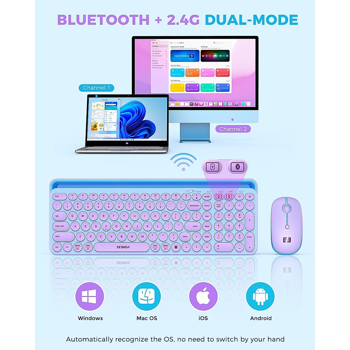 seenda Bluetooth Keyboard and Mouse for iPad, Multi-Device Bluetooth + 2.4G Wireless Keyboard Mouse with Tablet Holder for MacBook/Windows Computer, iOS/Andriod Tablet Phone, Blue & Purple
