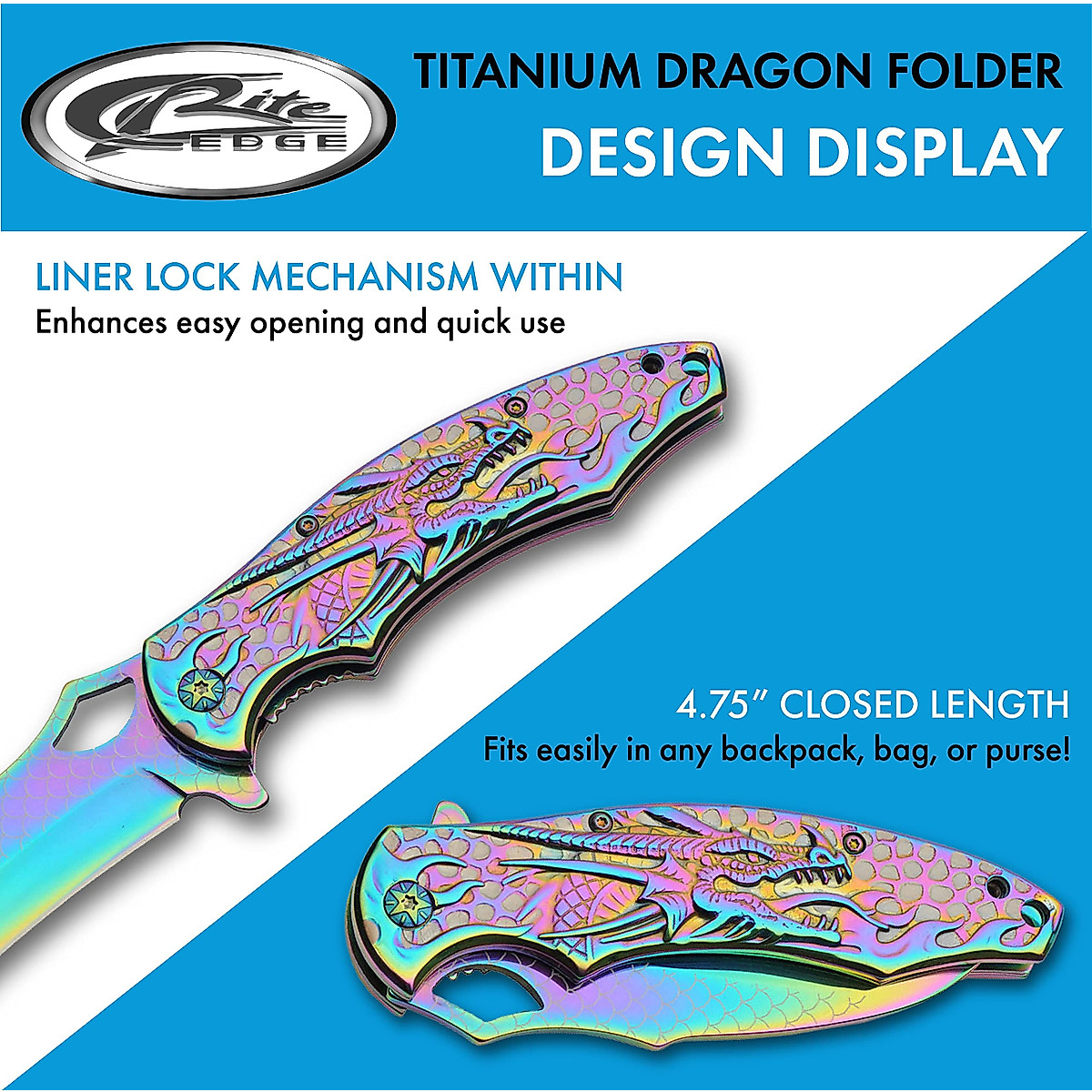 SZCO 8.5” Titanium Finished Rainbow Dragon EDC Folding Knife With Pocket Clip (300580-RB)
