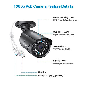 ZOSI H.265+2MP Security POE Camera, 1920x1080, 120ft Night Vision, 3.6mm Lens, IP67 Weatherproof Indoor Outdoor IP Camera 1080p (Only work with ZOSI PoE NVR,Model: 1AR-08EM-00/10/20-US)