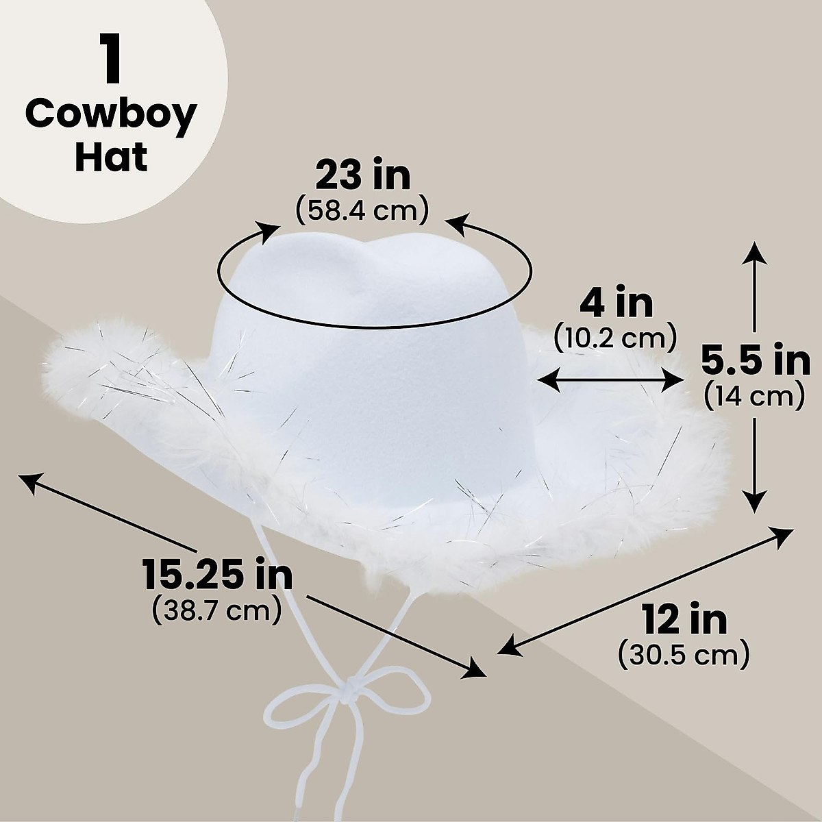 Zodaca White Cowboy Hat for Men and Women with Feathers, Western Felt Fluffy Cowgirl Hat for Costume, Dress Up Birthday, Bachelorette, and Bachelor Party Accessories