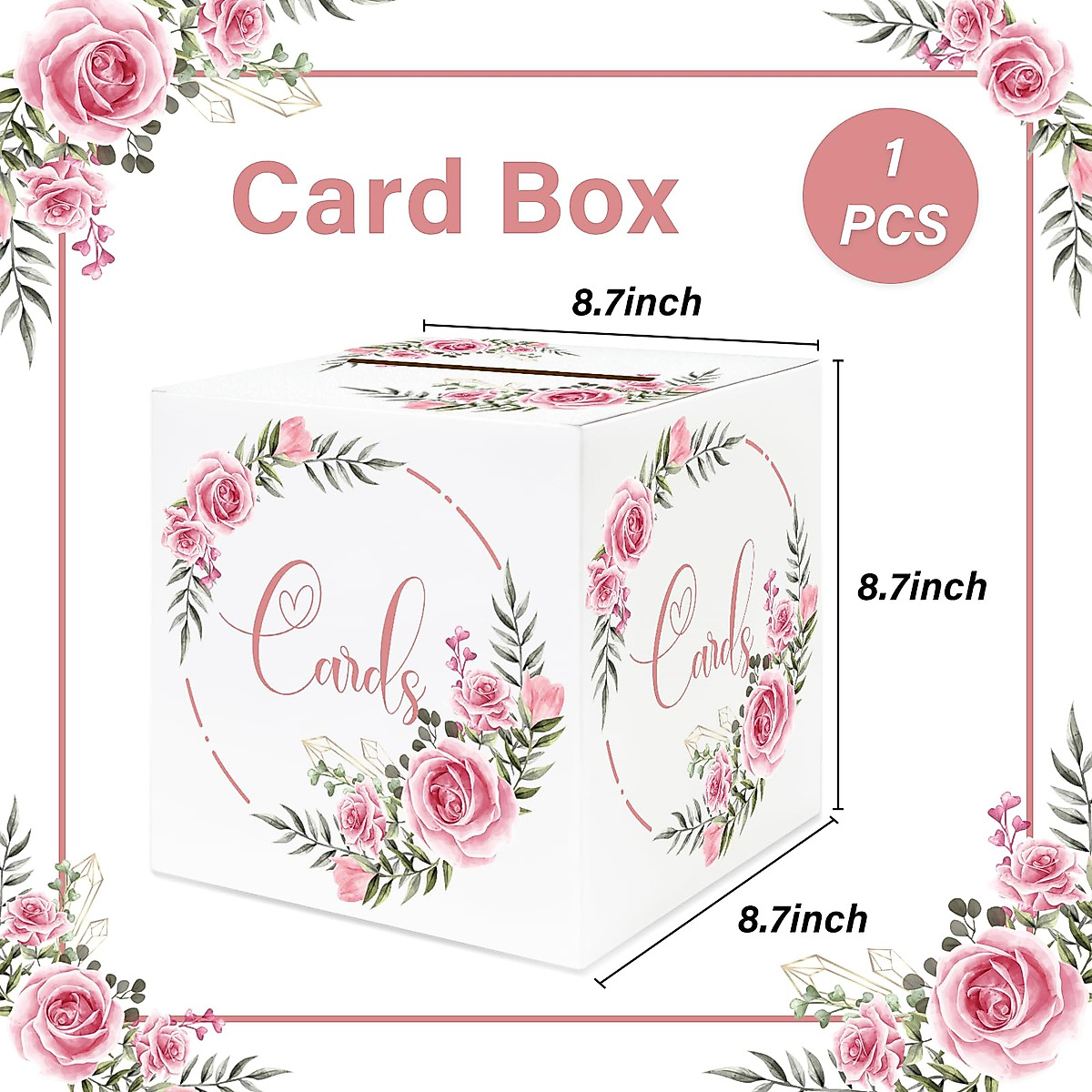 LIKAJON 1 Pack Rose Floral Card Box Holder for Party, 8.7"Card Box for Valentines Day, Wedding, Gift Card Box for Birthday, Wedding, Baby Shower, Retirement, Anniversary, Bridal Shower, Raffle Ticket