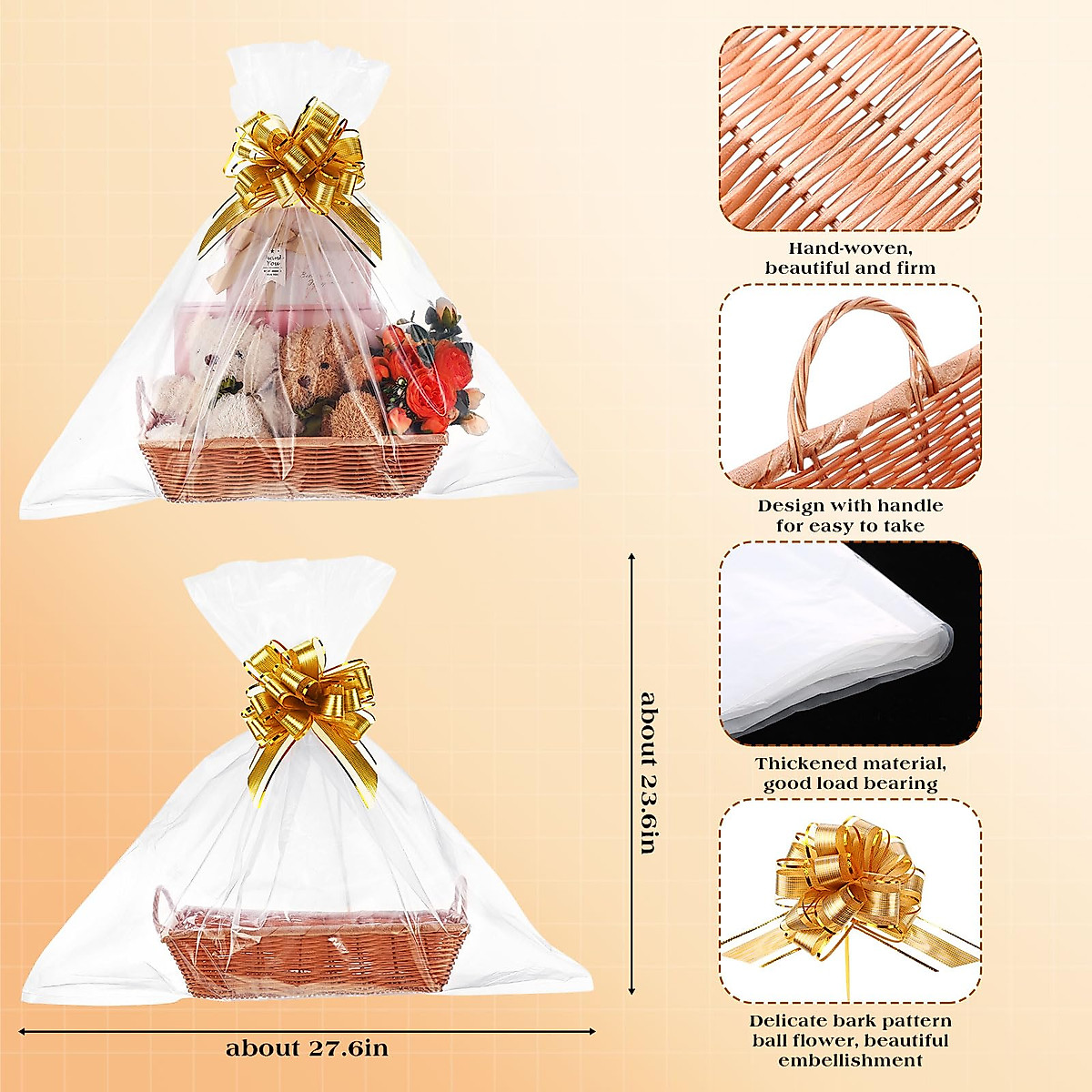 Soaoo 4 Set Baskets for Gifts Empty Bulk 14 x 10 x 2.8 Inch Christmas Large Wicker Storage Basket with Handle and Gift Bags and Golden Bows for Christmas Thanksgiving Party DIY Gifts