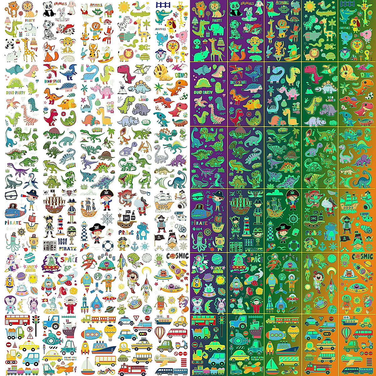 EGMBGM 30 Sheets Animals Glow in The Dark Temporary Tattoos For Kids Boys Girls Teens, Dinosaur Construction Pirate Space Astronaut 3D Glowing Fake Glitter Luminous Tattoo Stickers Toddler Children