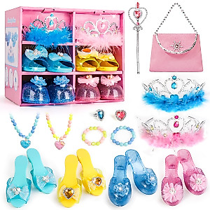Meland Princess Dress Up Shoes - Kids Dress Up & Pretend Play with 4 Pairs Princess Shoes, Tiaras, Wand, Jewelry - Birthday for Girls 3-6 Years