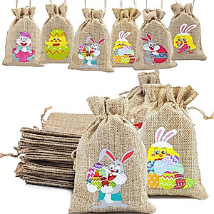 DERAYEE 36Pcs Easter Burlap Bags with Drawstring, Jute Linen Gift Bags Bunny Eggs Goodie Candy Bags for Kids Easter Party Favors