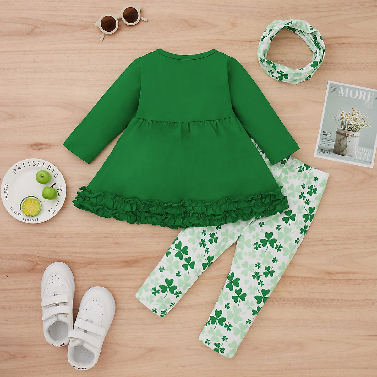 XFGLCK Toddler Kids Baby Girls St.Patrick's Day Outfits Flare Tunic Long Sleeve Dress Shirt Shamrock Print Pants Scarf Sets (Green St.Patrick's day outfits, 12-18 Months)