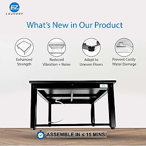 EZ Laundry | Upgraded 29” Universal Pedestal – 700lbs Capacity, Raises 16” with Built-in Drain Pan + Hose, Adjustable Feet, Anti-Vibration, Steel & Storage Shelf for Washer & Dryer (Black)