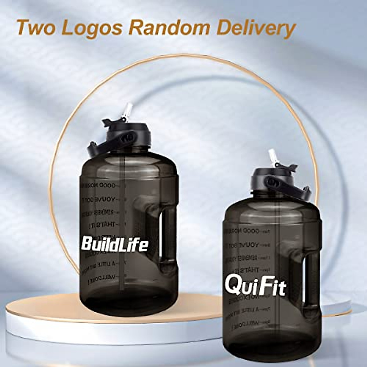 QuiFit 1 Gallon Water Bottle - with Straw & Motivational Time Marker Leak-Proof BPA Free Reusable Gym Sports Outdoor Large(128OZ) Capacity Water Jug(Black,1 Gallon)