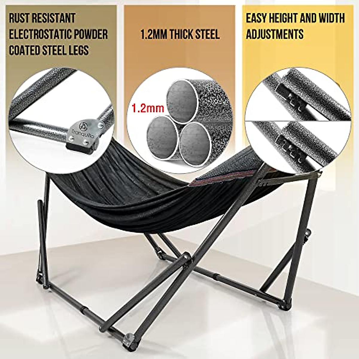 Tranquillo Double Hammock with Stand Included for 2 Persons/ Foldable Hammock Stand 550 lbs Capacity Portable Case - Inhouse, Outdoor, Camping, Black