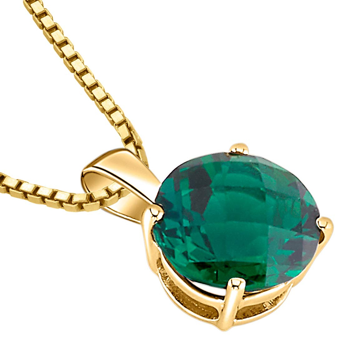 PEORA Solid 14K Yellow Gold Created Emerald Pendant for Women, Classic Solitaire, 1.75 Carat Round Shape, 8mm
