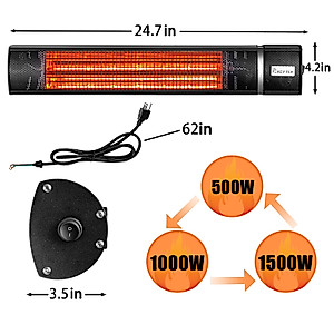 Wall-Mounted Patio Heater for Outdoor Use Electric Infrared Heaters 1500w with 3 Level ,Waterproof Space Patio Heaters, Remote Control, Black