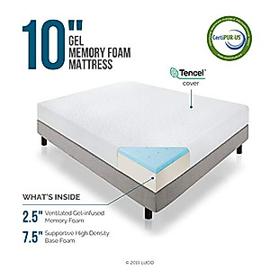 LUCID 10 Inch 2019 Gel Memory Foam Mattress - Medium Firm Feel - CertiPUR-US Certified, Queen