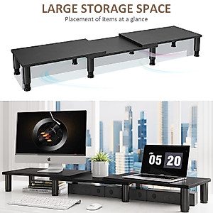 AX Waber Dual Monitor Riser, Adjustable Height Steel Leg Wooden Stand with Storage Space - Black