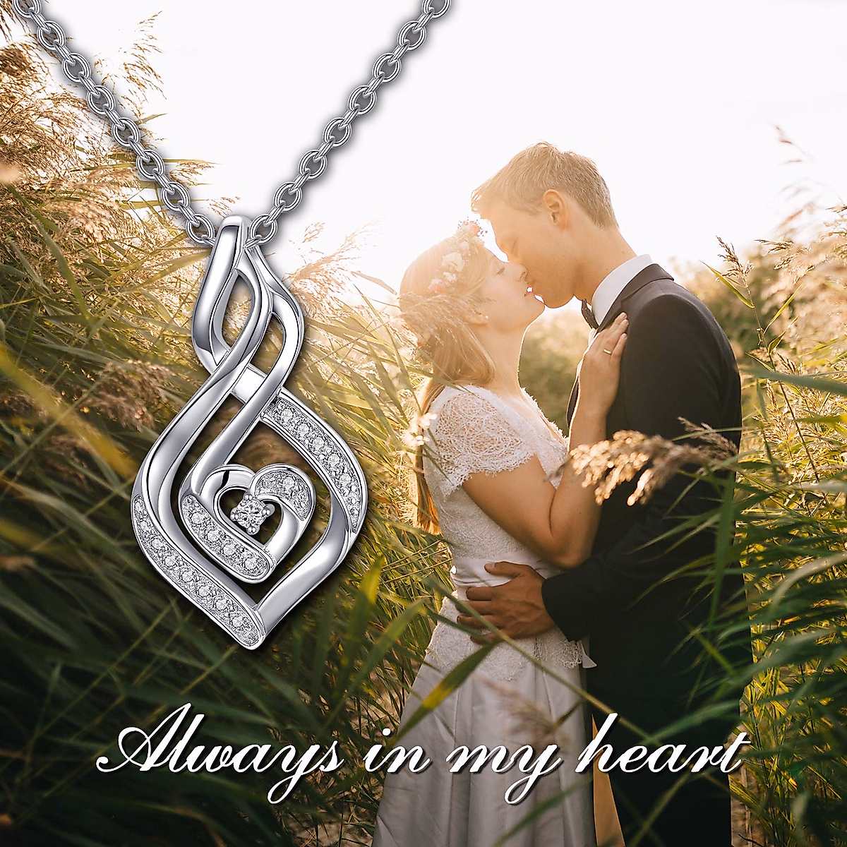 Natural Diamond Infinity Swirl Necklace, Sterling Silver Heart Pendant Necklace Love Jewelry for Her, Mom, Wife, 18"-20"