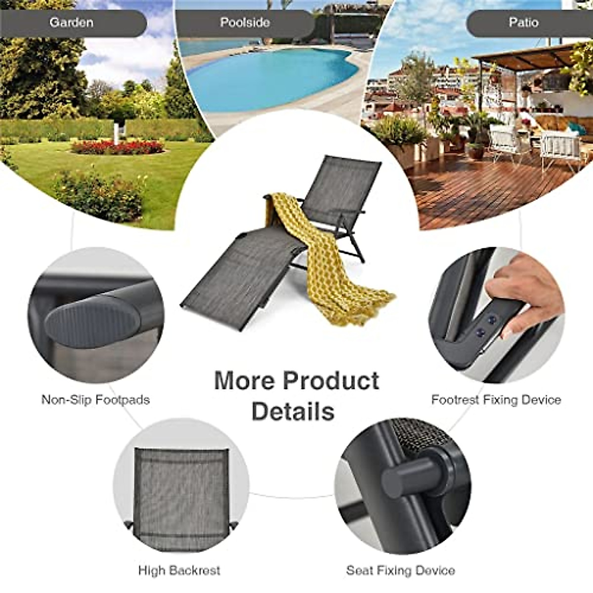 FKSDHDG Patio Folding Chair 2 Piece Outdoor Portable Recliner Gray