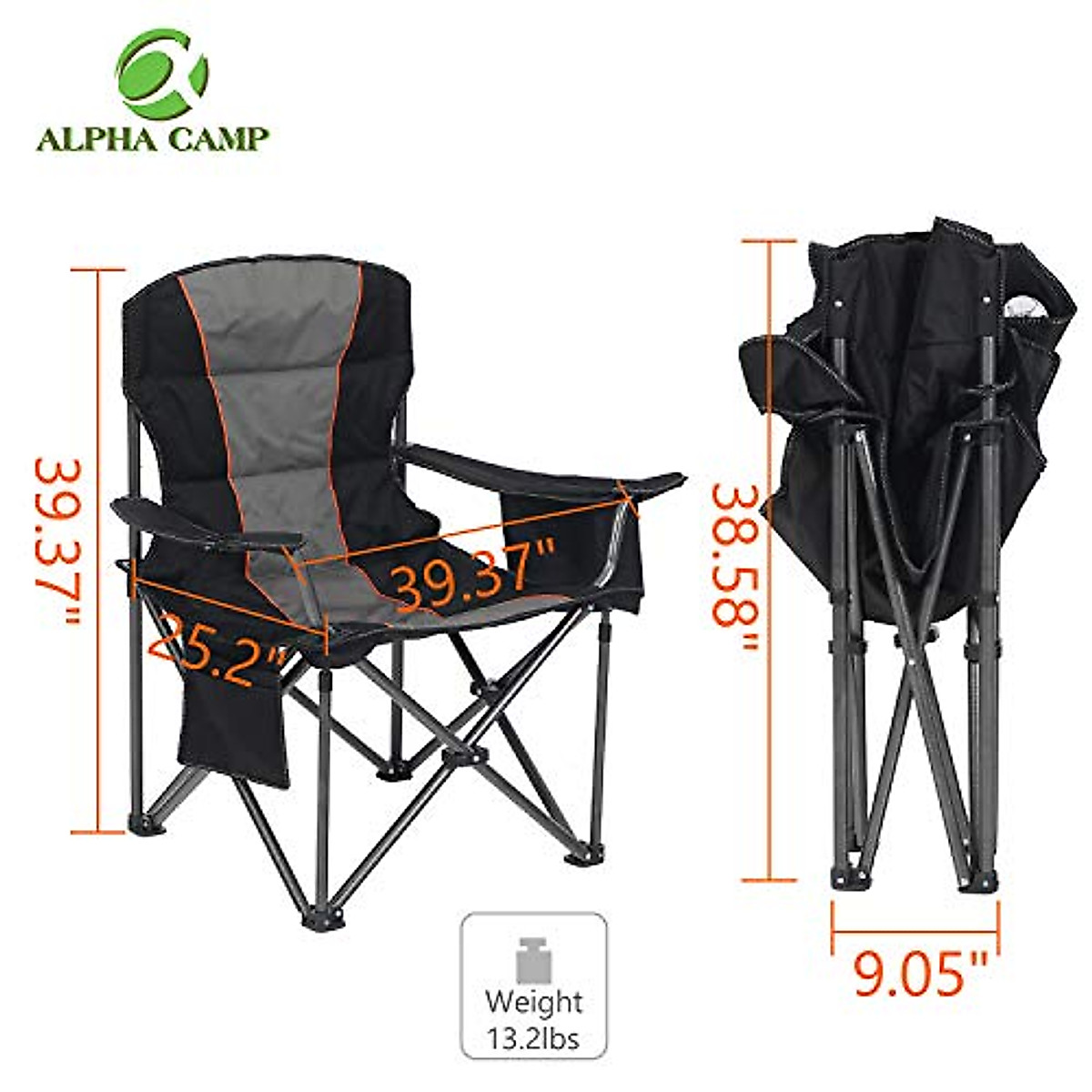 ALPHA CAMP Oversized Camping Folding Chair Heavy Duty Lawn Chair with Cooler Bag (Black)