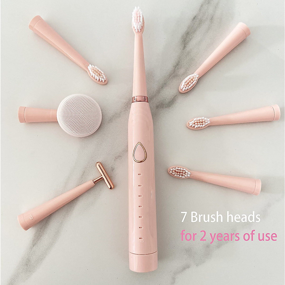 JANECC Electric Toothbrush for Adults, Rechargeable Sonic Toothbrushes, 6 Modes, 45,000VPM Motor and 2 Mins Smart Timer, 1 Face Washing Head, Facial Massage 5 Brush Heads(Pink), 9.8X3.9X1.18 Inch