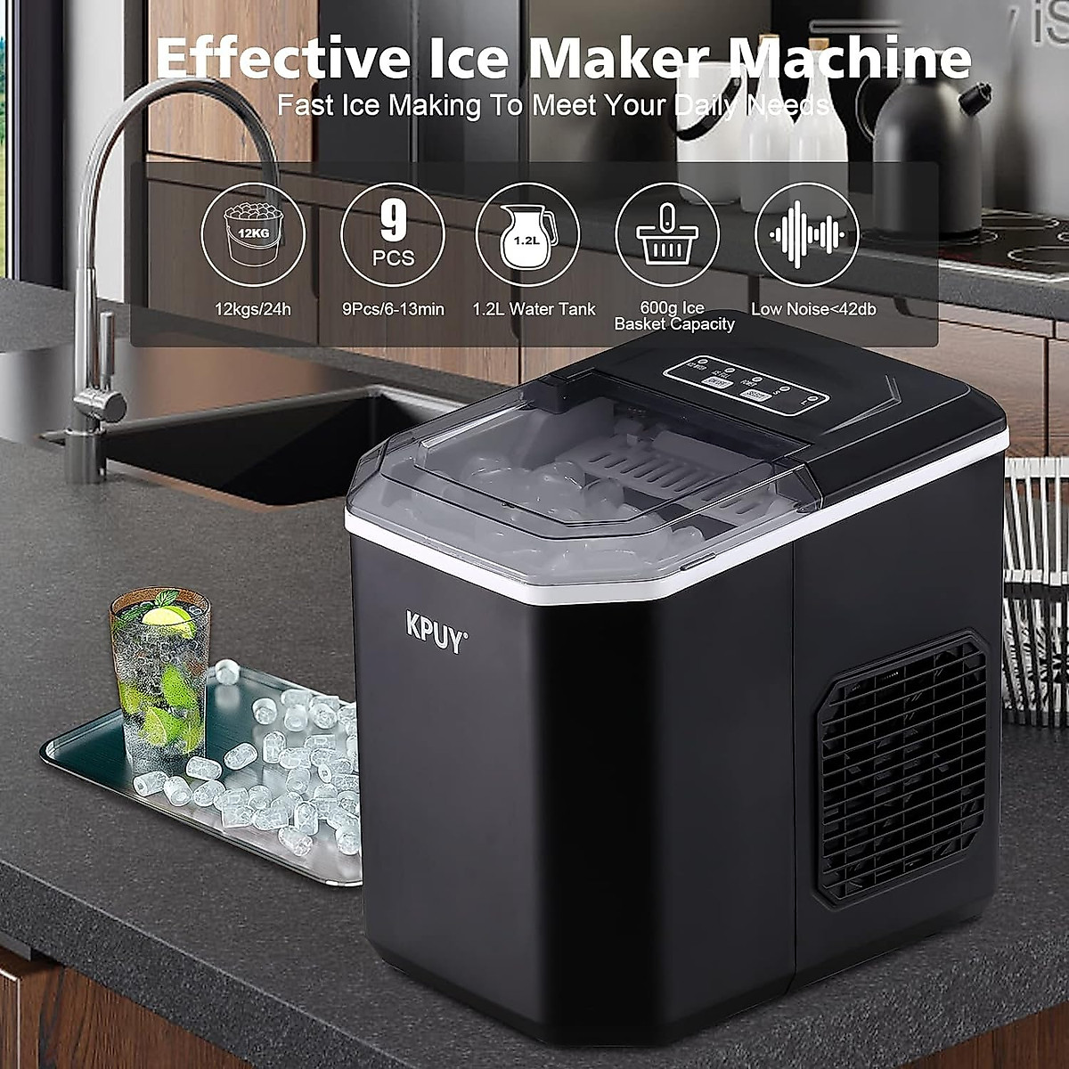 KPUY Ice Maker Machine Countertop Ice Machine for Home, Self-Cleaning Ice Maker, 9 Cubes Ready in 6-13 Mins, 12KGs in 24Hrs Portable Ice Cube Maker Machine for Home/Kitchen/Office/Bar