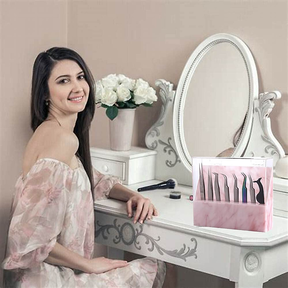 Dust-proof Eyelash Tweezers Holder with Cover, Acrylic MarbleTweezer Organizer for Lash Cart (Pink)