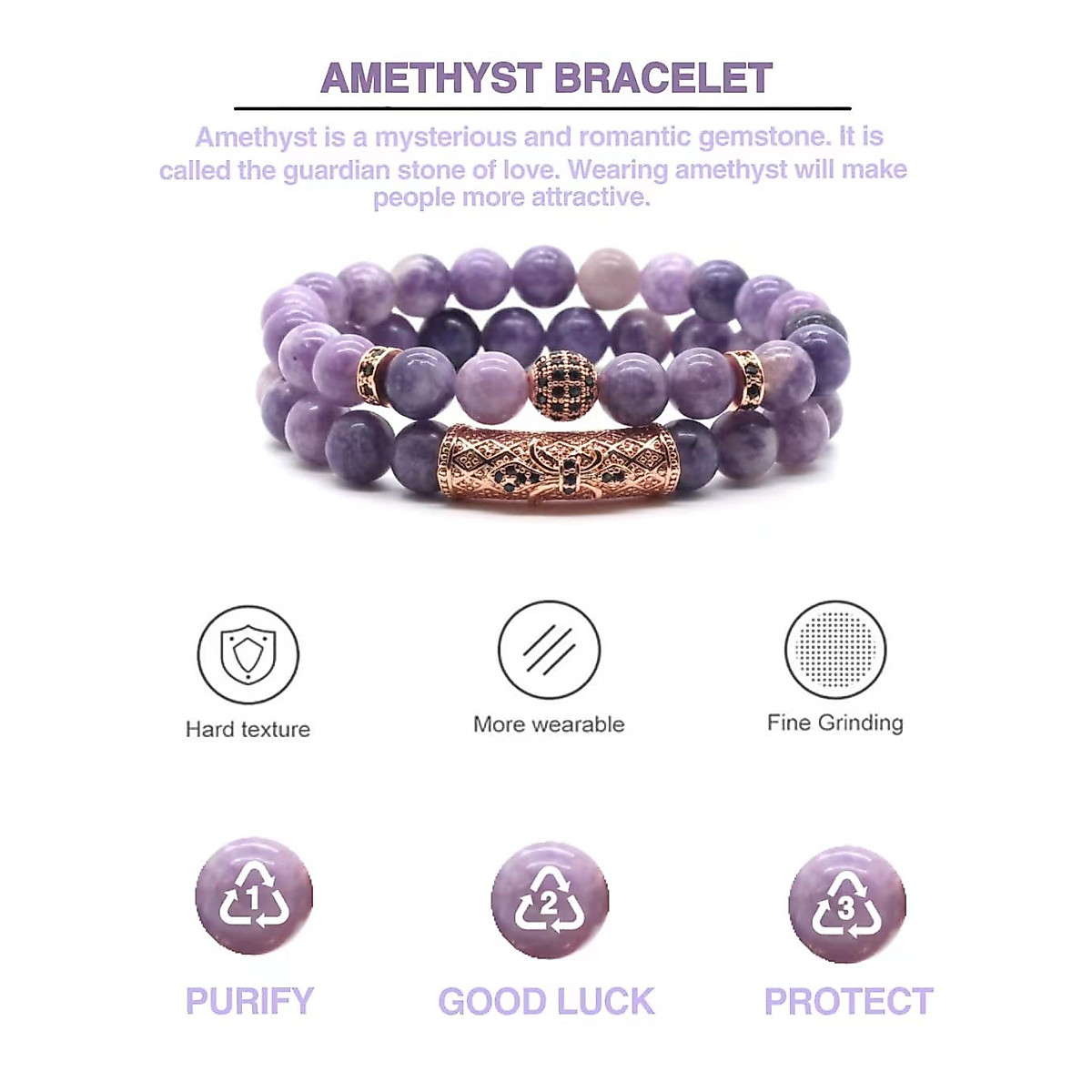 Amethyst Bracelet, Handmade Beaded 8MM Healing Crystal Beads,Stretchable Stretch Bracelet,Protection Bracelet,Yoga Chakra Bracelet,Bring Good Luck, Prosperity and Happiness,Women's Gifts