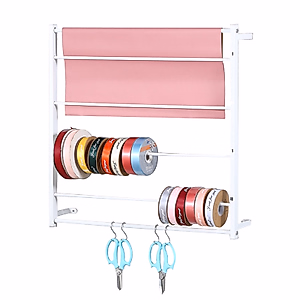 LSMKKA Wrapping Paper Rack Wall Mount, 4 Tier Ribbon Holder Organizer for Crafts Sewing Room Storage, Metal Vinyl Rolls Stand Shelf with Adjustable Bar (Color : White, Size : 67x67cm(26.4x26.4 inch))