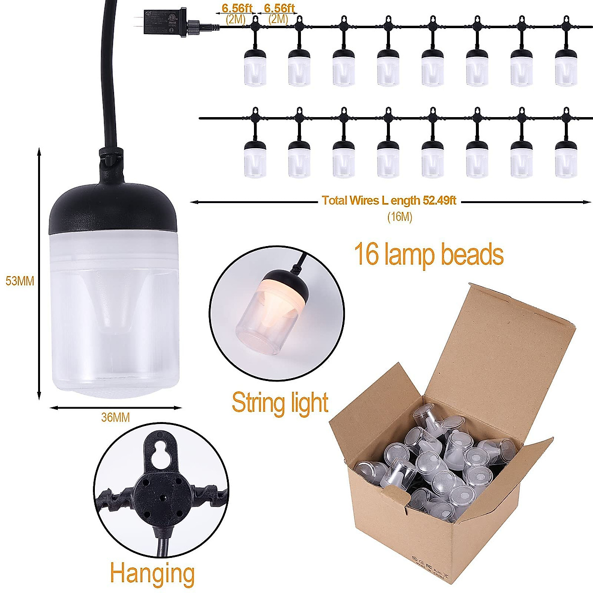 DREAMARK String Lights Indoor Outdoor 52 FT Weatherproof LED Bulbs Strings with 8 Lighting Model 16 Warm White Shatterproof Bulbs for Patio Garden Bistro Wedding Backyard Festival Decoration