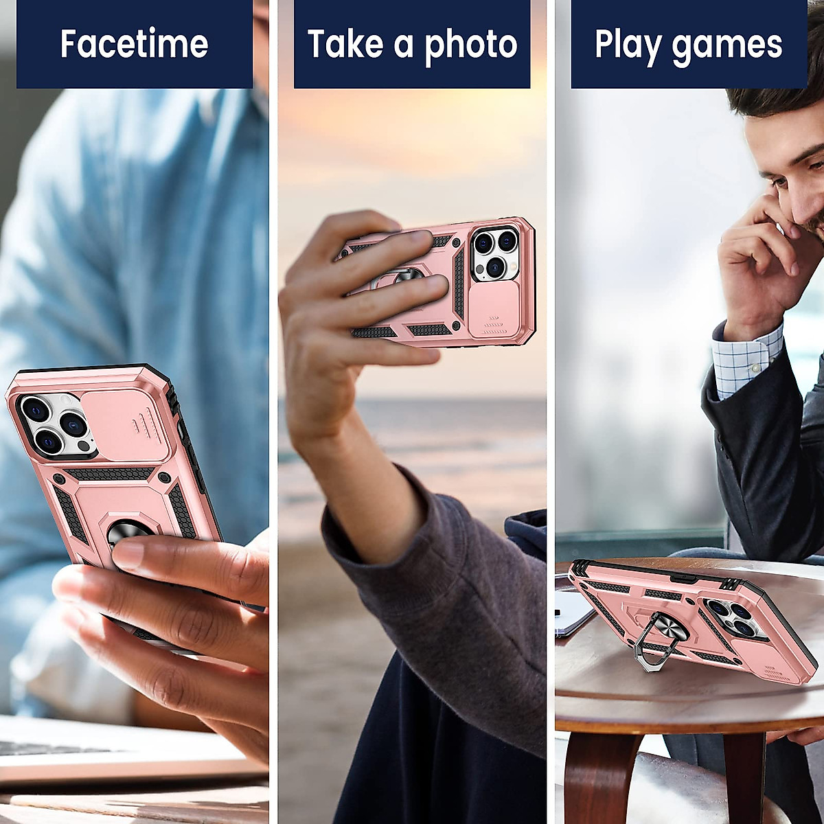 Goton Armor Case for iPhone 13 Pro Max Stand Case with Slide Camera Cover & Kickstand Military Grade Heavy Duty Protective with Magnetic Car Mount Holder for iPhone 13 Pro Max 6.7 Rosegold