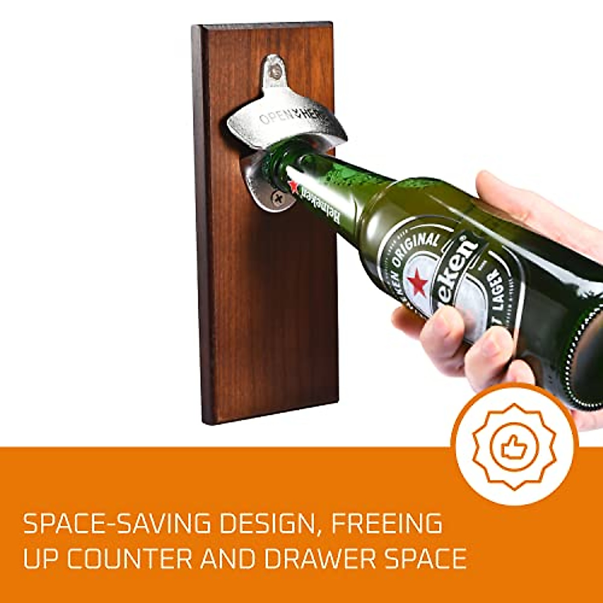 Bruntmor Wall Mount Bottle Opener - 7.87" x 2.75" x 0.55" Portable Mountable Beer Opener - Wooden Magnetic Beer Cap Catcher - Auto-Catch Cap Function & Space-Saver - Vintage Beer Caddy for Men & Dad
